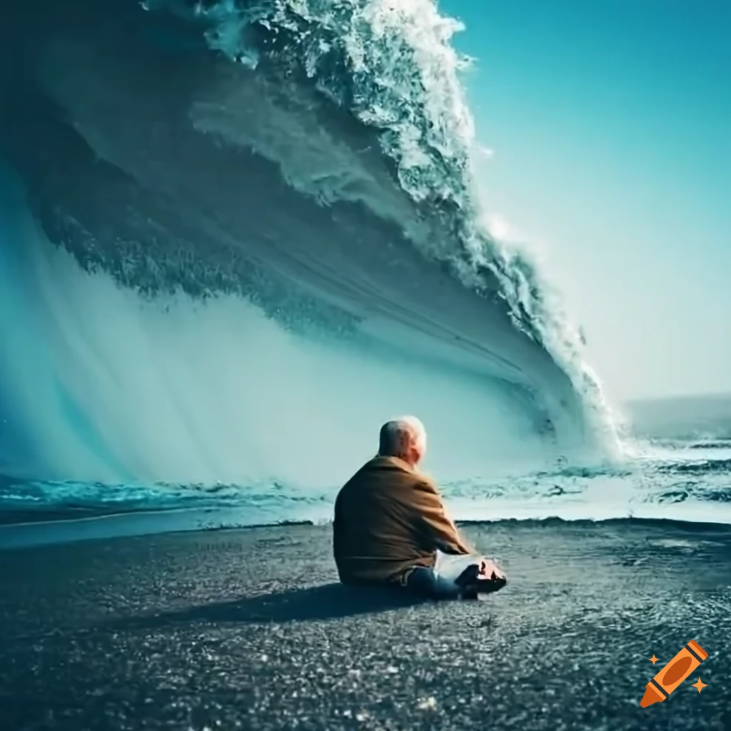 Conceptual image of a man facing a large wave on Craiyon
