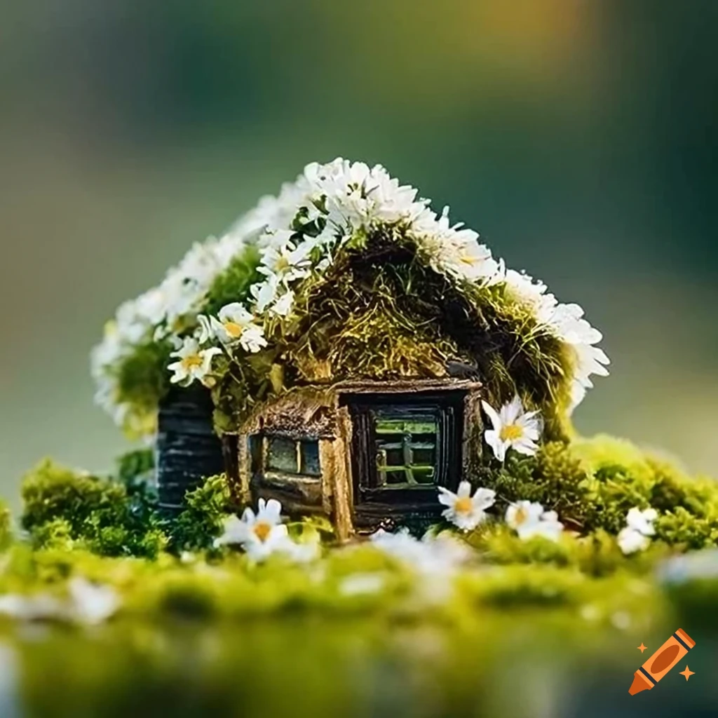 Hyper realistic miniature house with moss and flowers on Craiyon