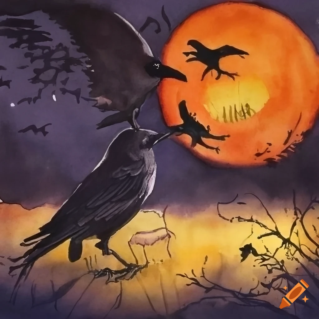 Watercolor painting of a spooky scene with crows and pumpkins on Craiyon