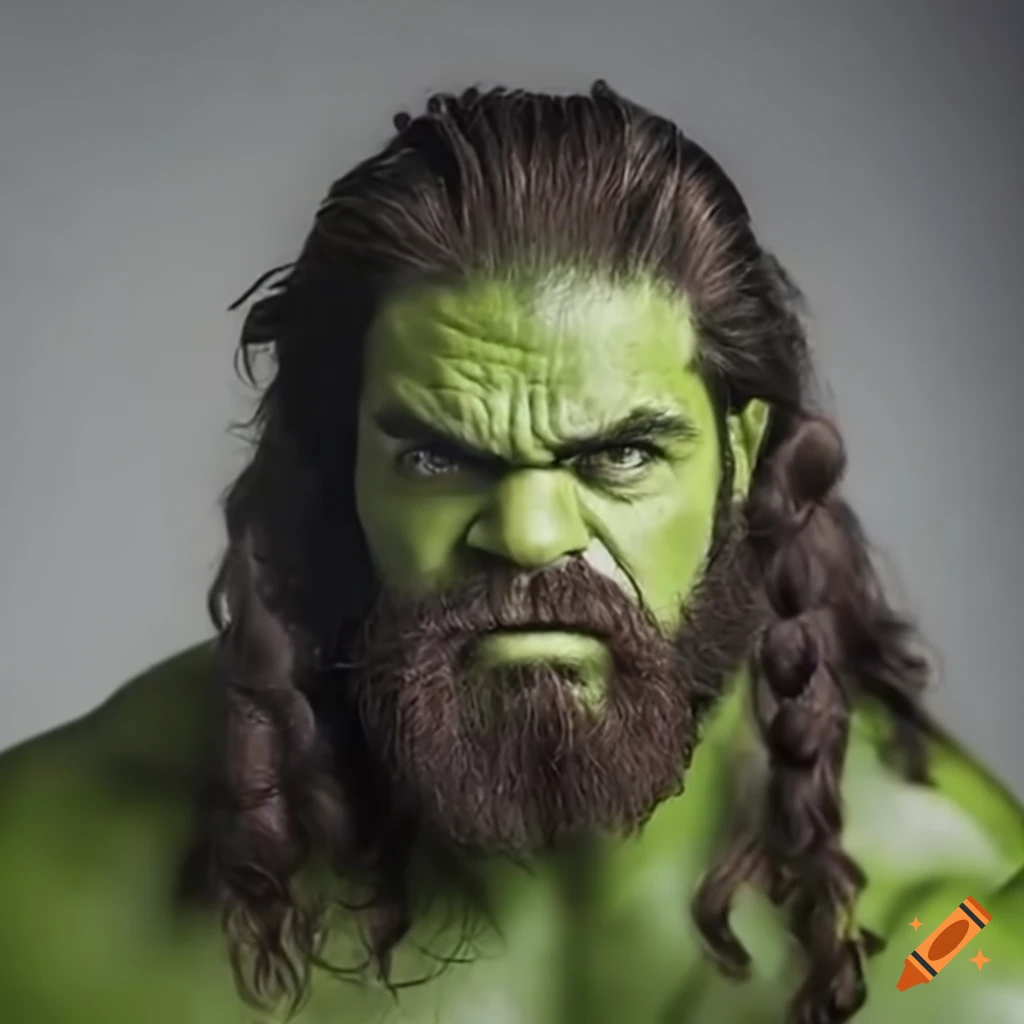 Fanart de hulk avec une barbe et les cheveux long en tresse