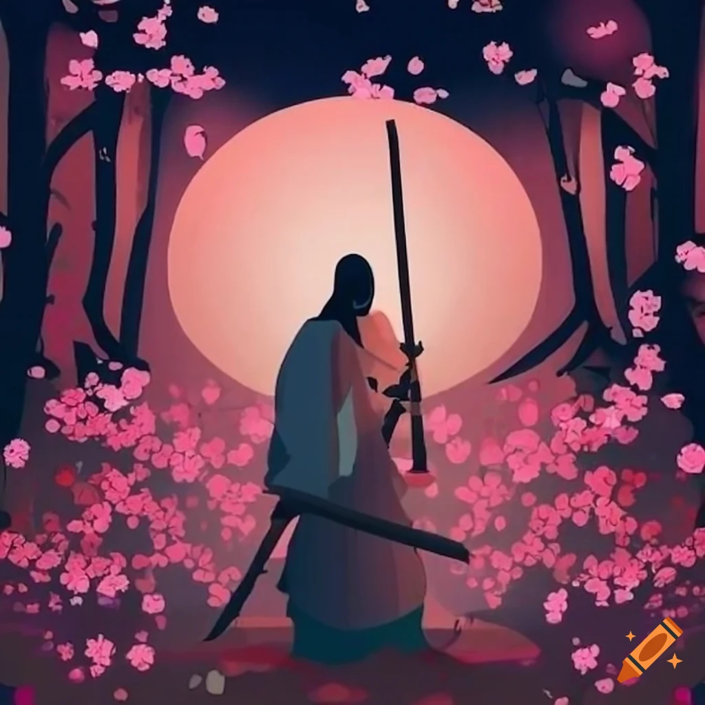 Ronin standing near a dojo in a cherry blossom field on Craiyon