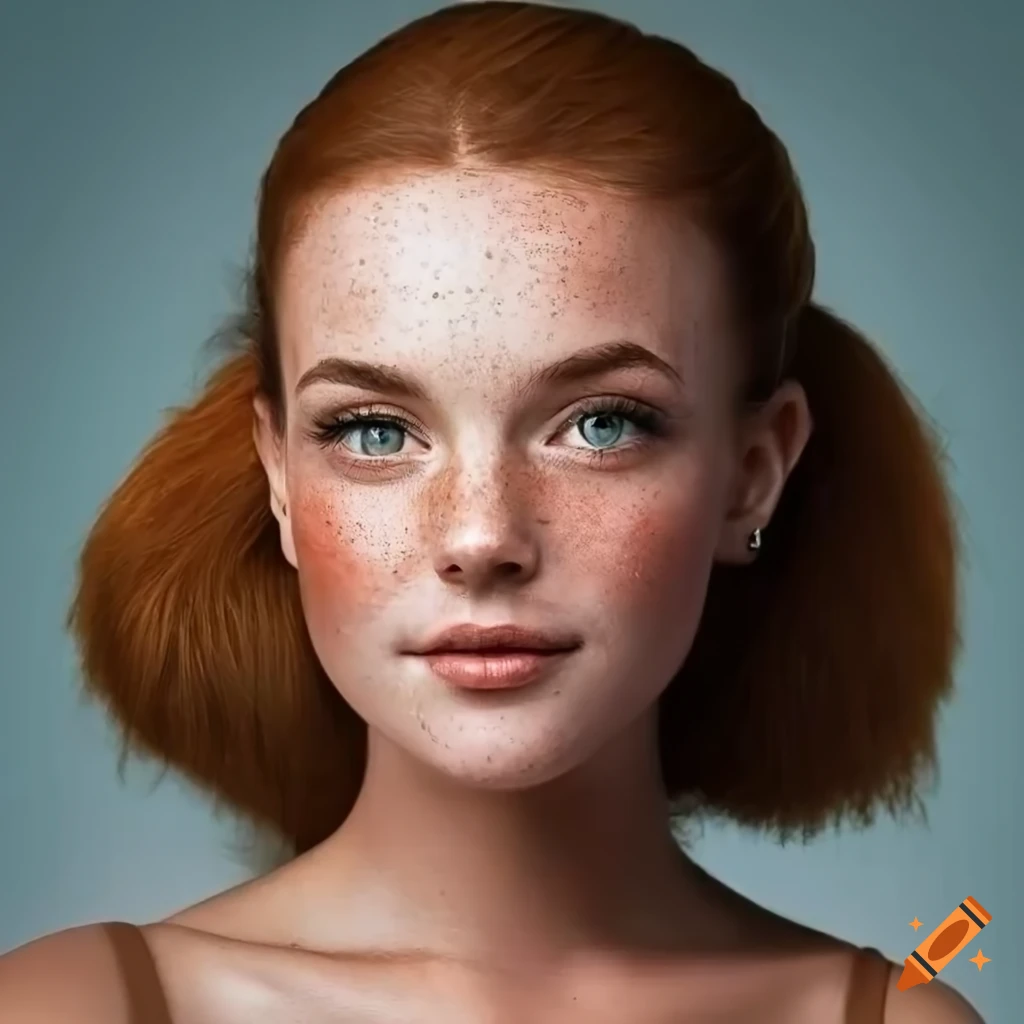 Portrait of a beautiful young woman with freckles and chestnut hair on ...