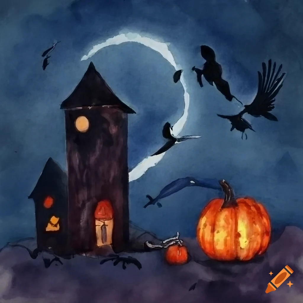 Linocut of a spooky monster and a pumpkin under a cloudy sky on Craiyon