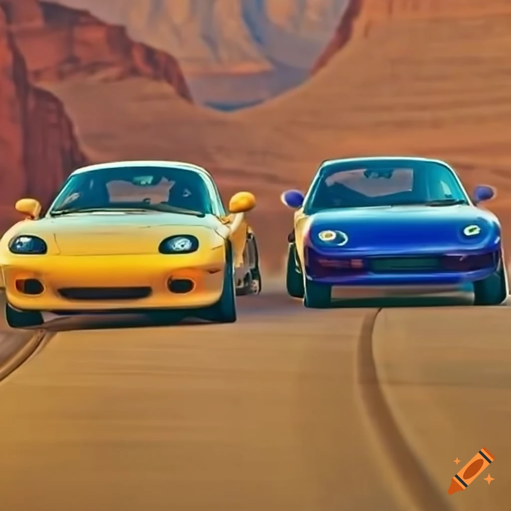 Two cars racing in a canyon at dusk on Craiyon