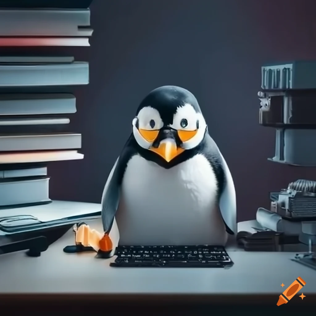 Friendly penguin with headphones typing on a computer on Craiyon