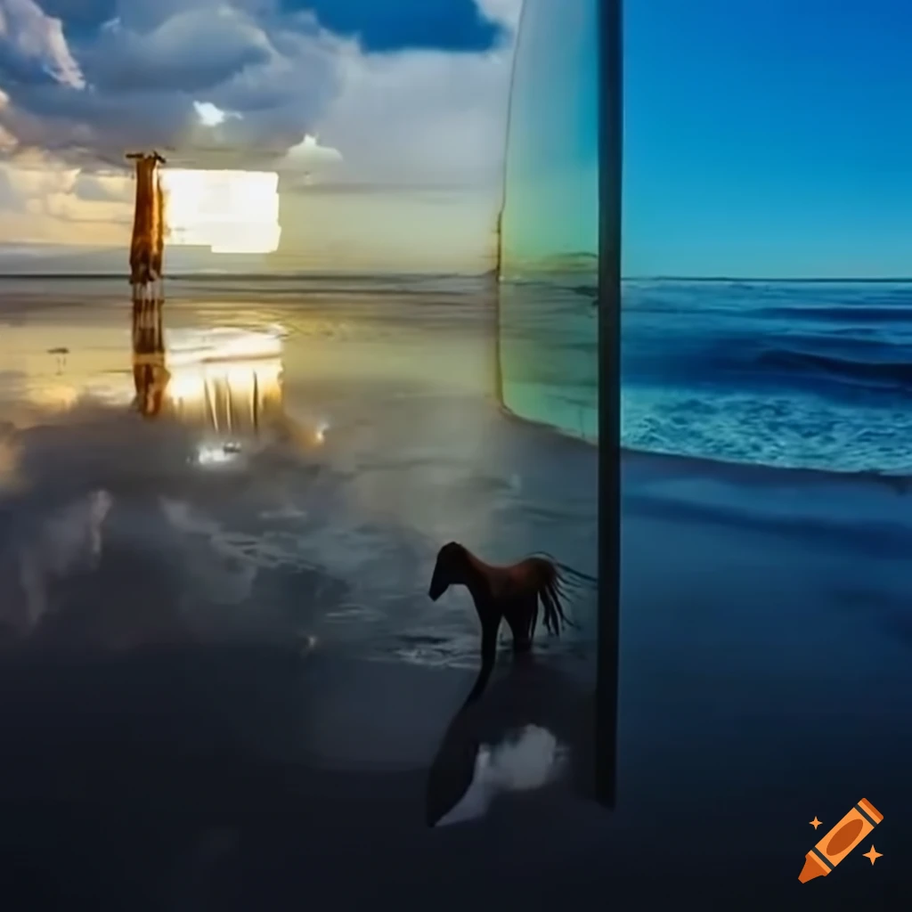 Reflection of the ocean in a giant mirror inside a room on Craiyon