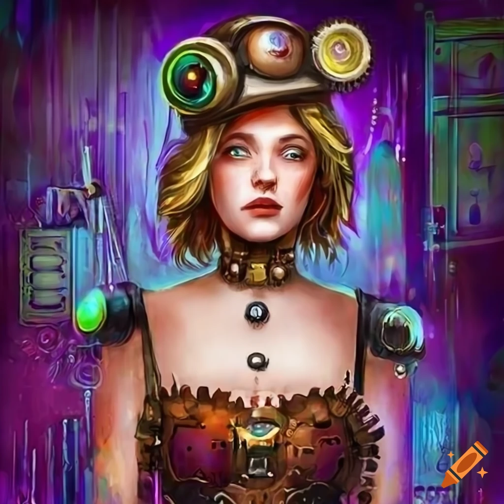 Steampunk illustration of a girl and machine fusion on Craiyon