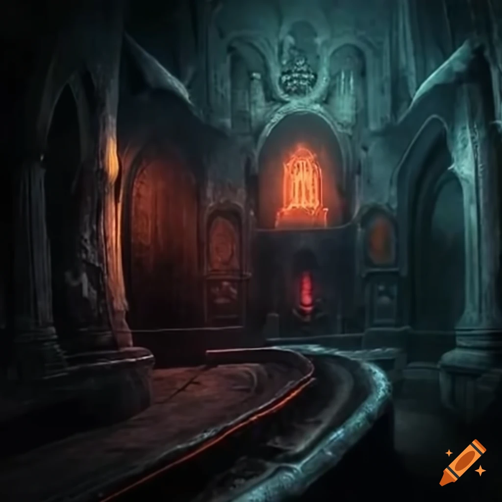 Fixed track dark ride with dracula church interior