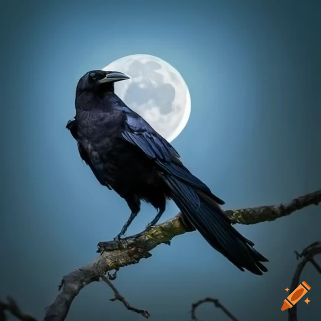 Raven perched on a branch under a full moon on Craiyon