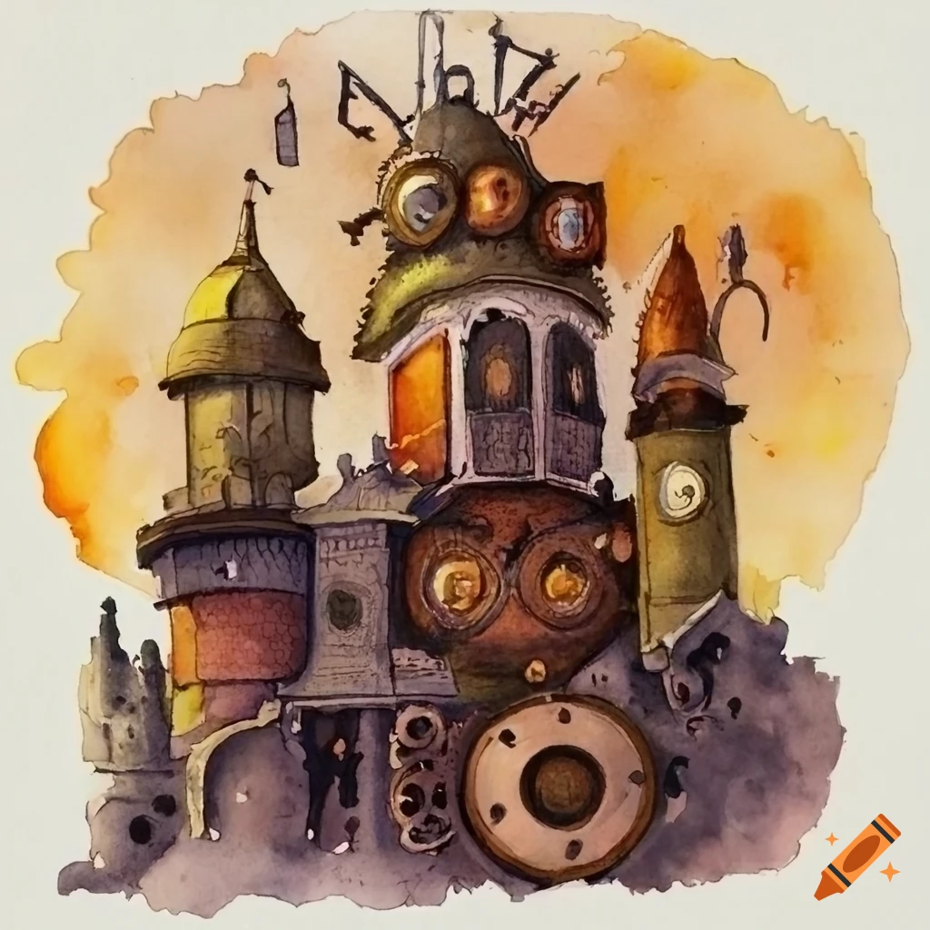 Watercolor painting with a halloween steampunk theme