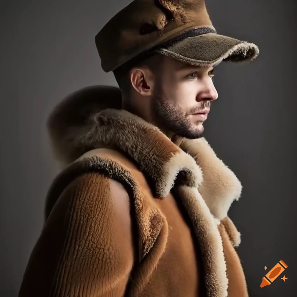 Handsome man in sheepskin bomber jacket and military peaked cap on Craiyon