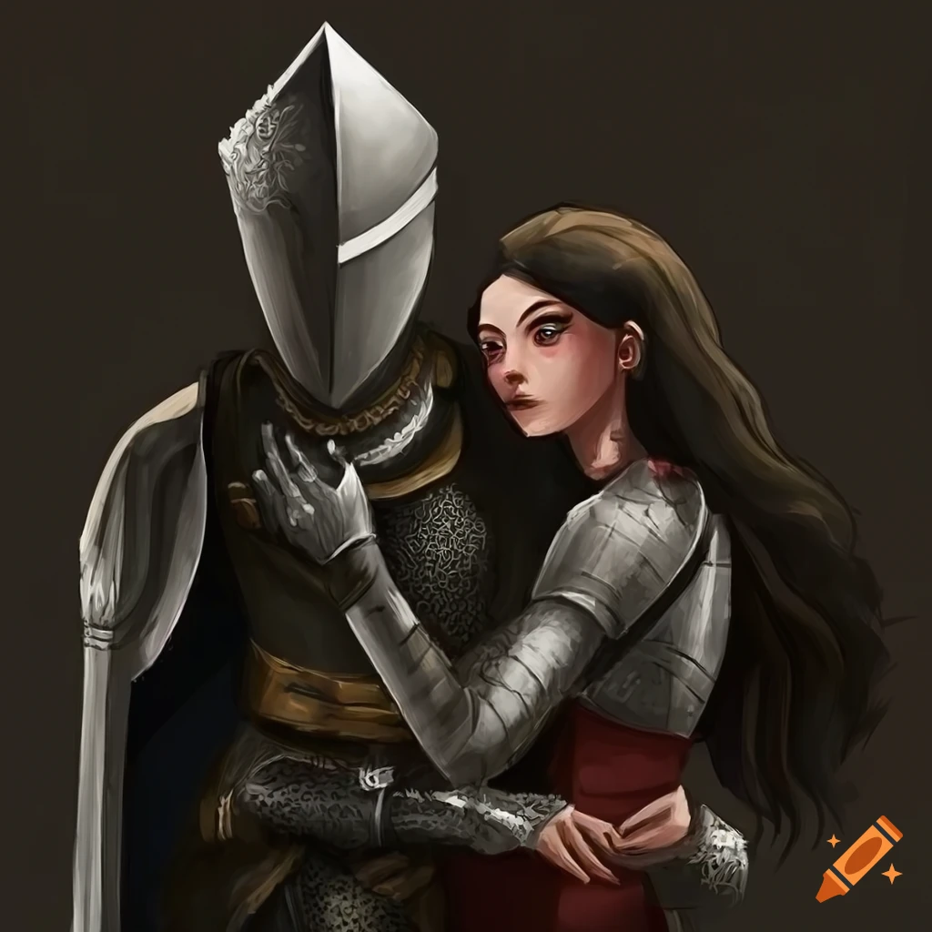 Art of a knight hugging a woman with black hair on Craiyon