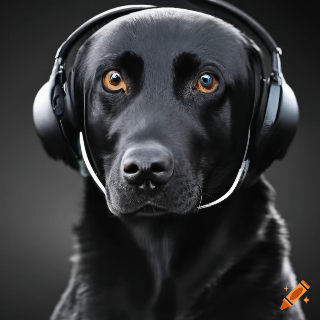 Black labrador wearing headphones on Craiyon