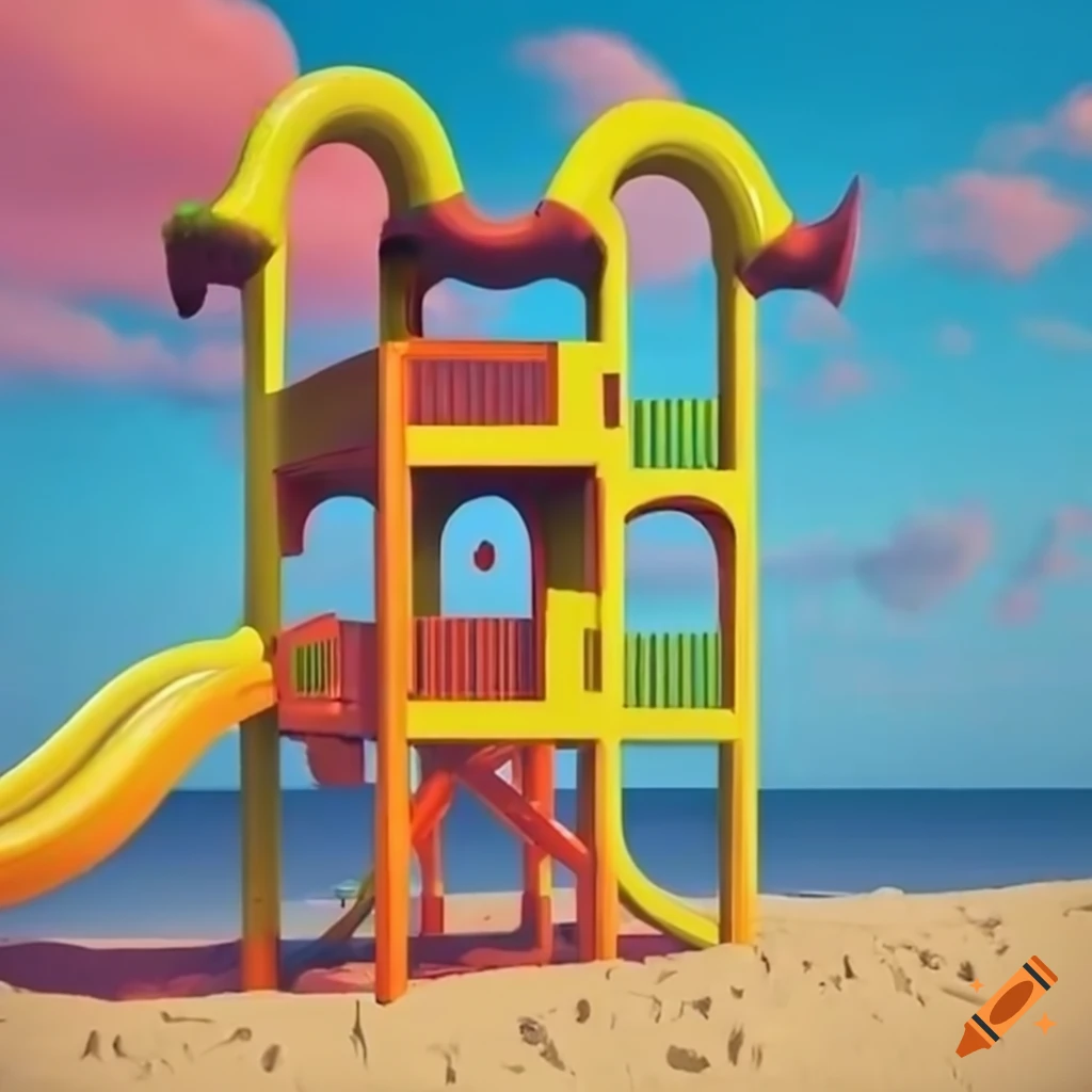 Surrealist playground with colorful structures on Craiyon