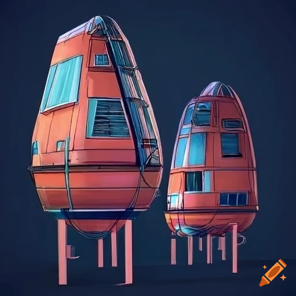 Retro futurism technical drawing of a unique living pod
