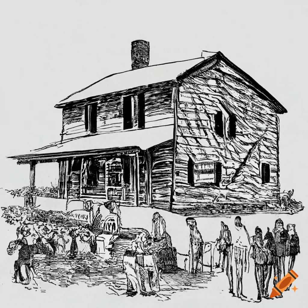 Drawing of a colonial cabin surrounded by people on Craiyon