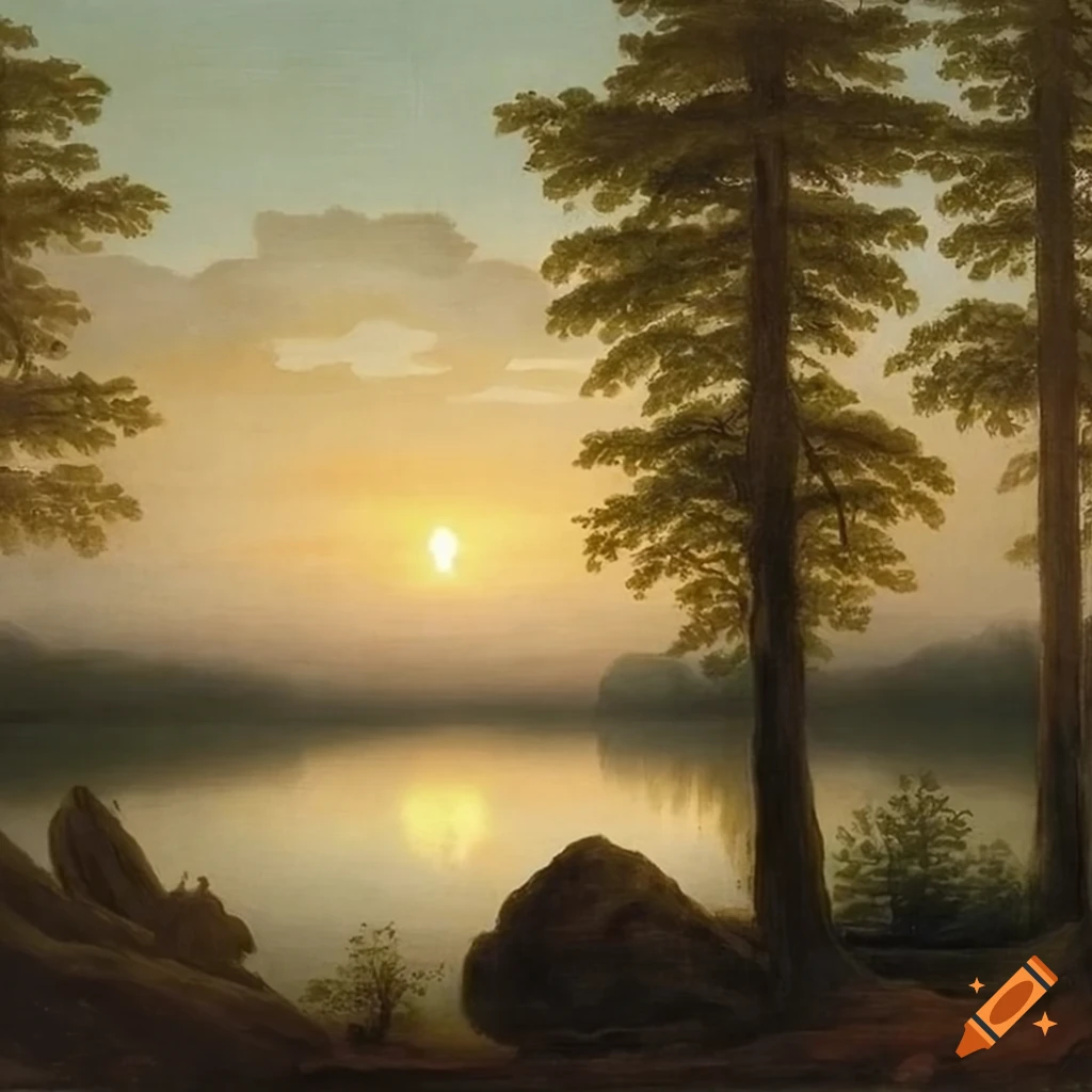 Serene lake reflecting tall trees during sunset on Craiyon