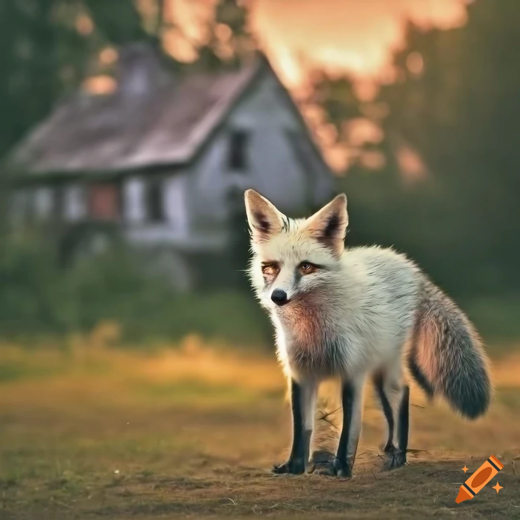 Sunset scene with a white fox in front of an overgrown farm house on ...