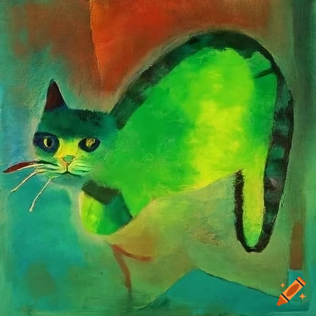 Abstract painting of a jumping green cat by paul klee on Craiyon
