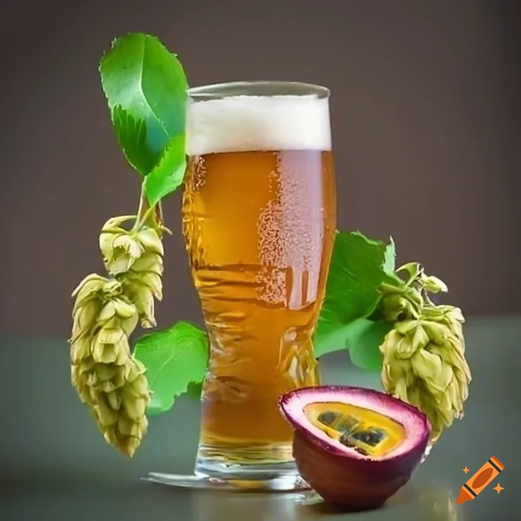 Glass of beer with passion fruit and hop flowers on a sandy beach on Craiyon