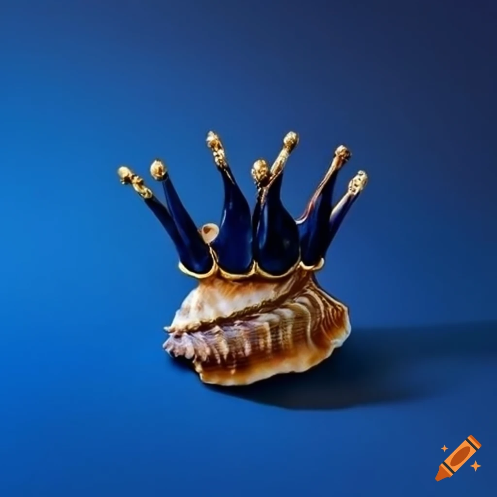 Detailed crown made of dark blue sea shell and gold trims on Craiyon