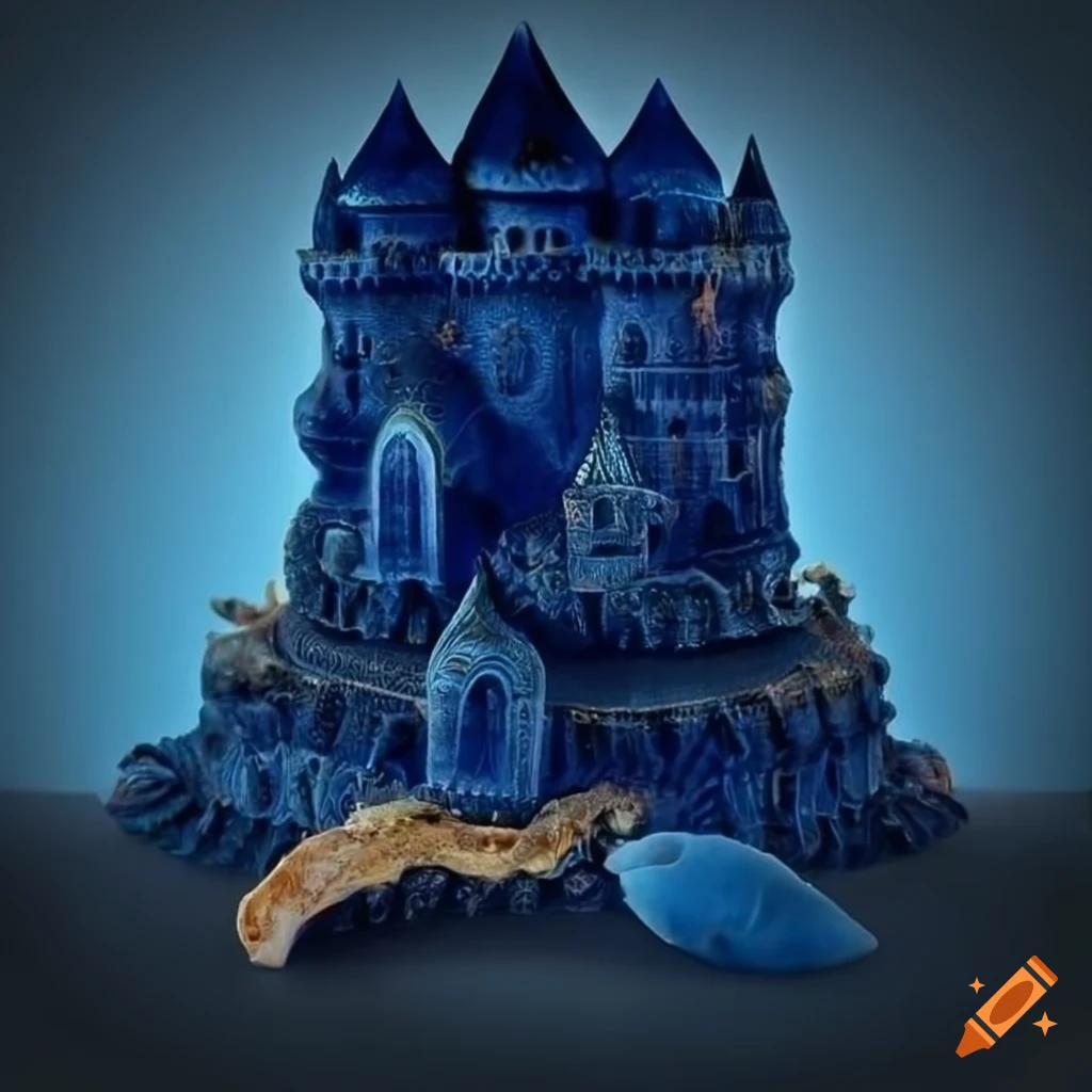 Detailed sculpture of a castle made of a dark blue sea shell with gold ...