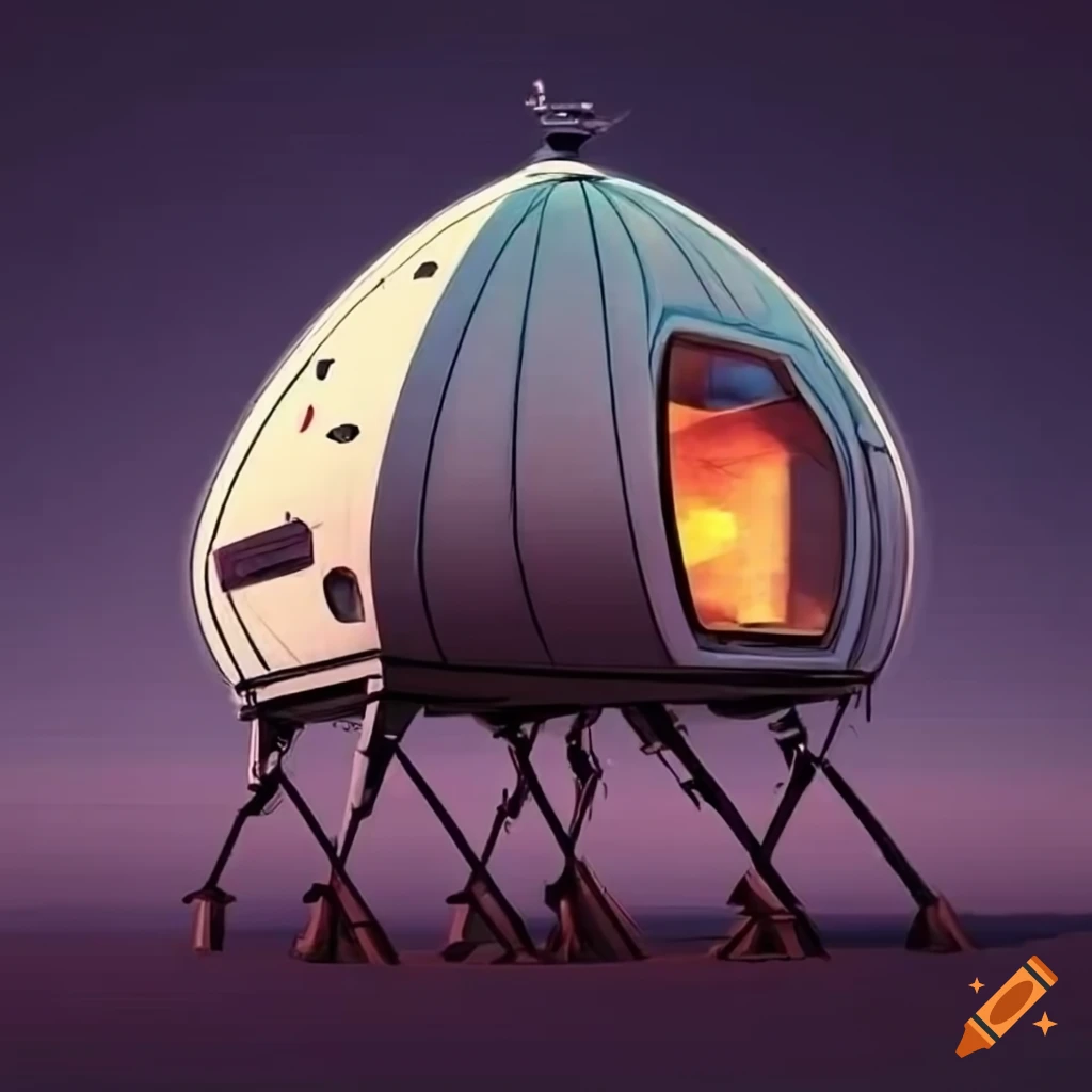 Retro futuristic technical drawing of a unique living pod