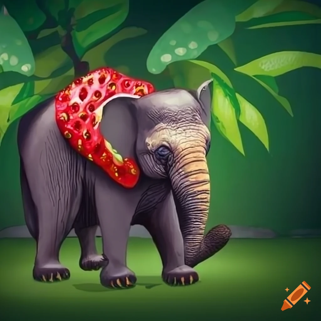 Fantasy illustration of a strawberry elephant in the jungle on Craiyon