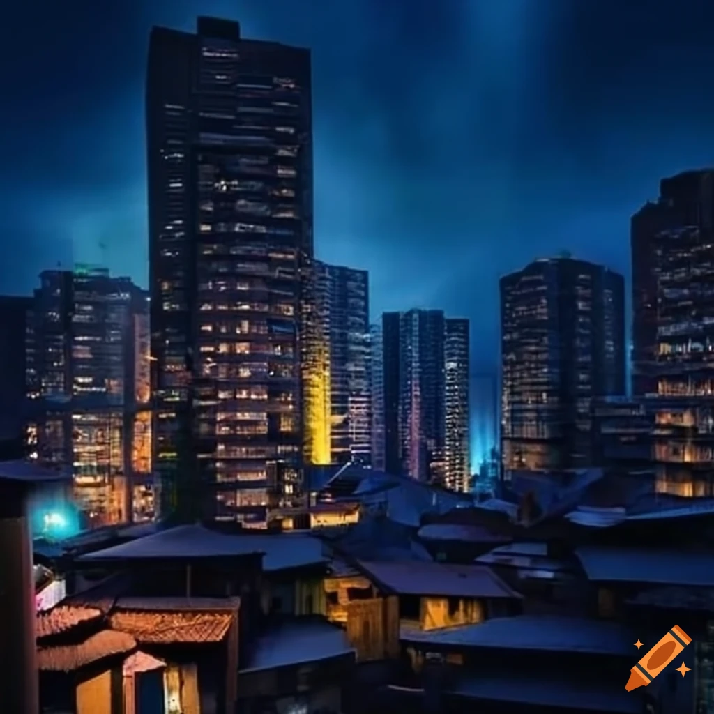 Night view of a high-rise asian slum