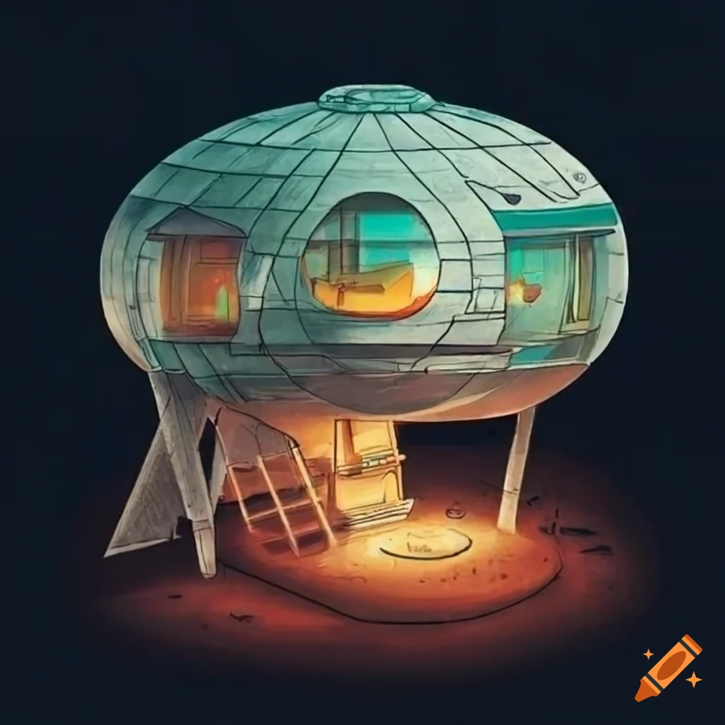 Retro futurism living pod technical drawing on Craiyon