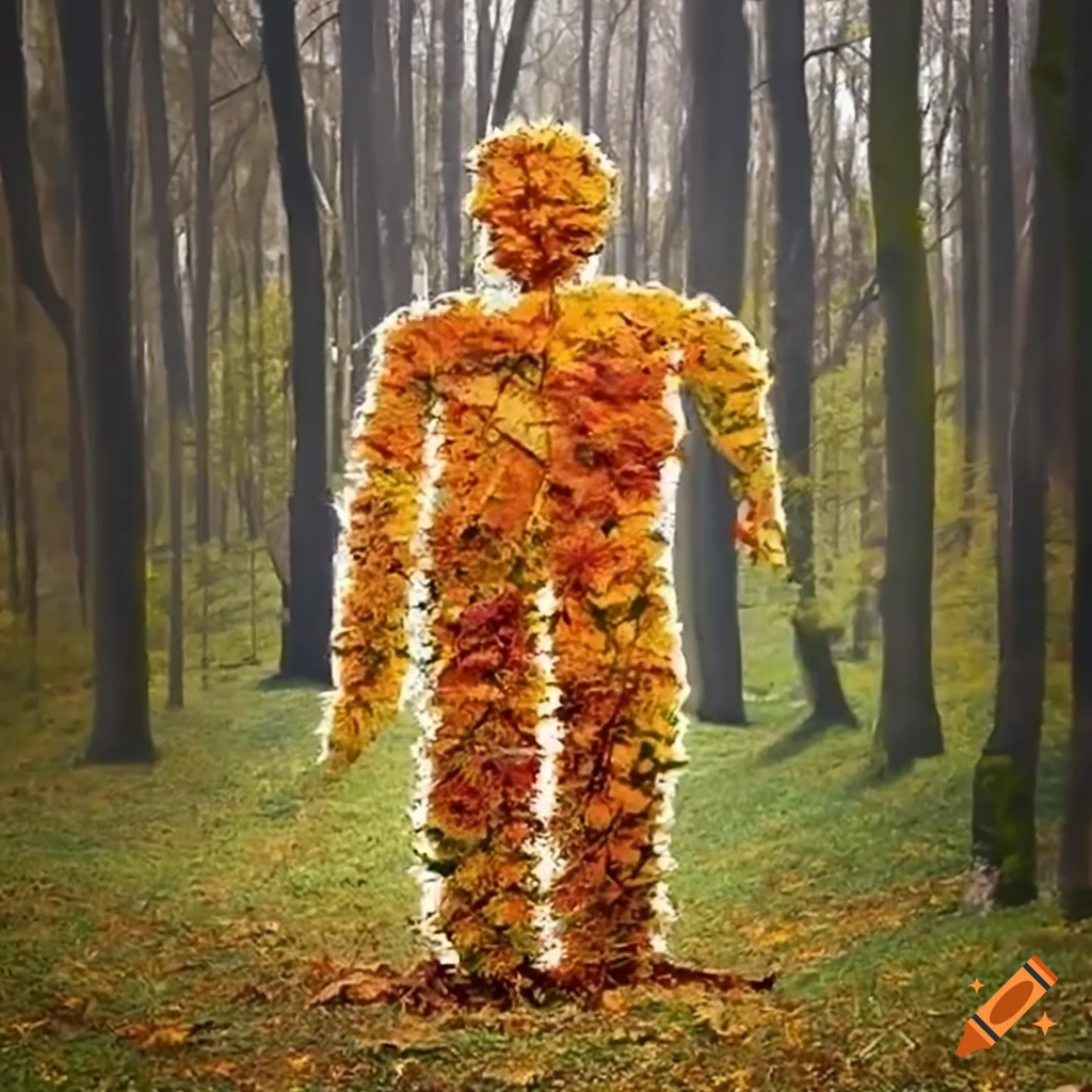 Artwork of a human made of autumn leaves in a forest