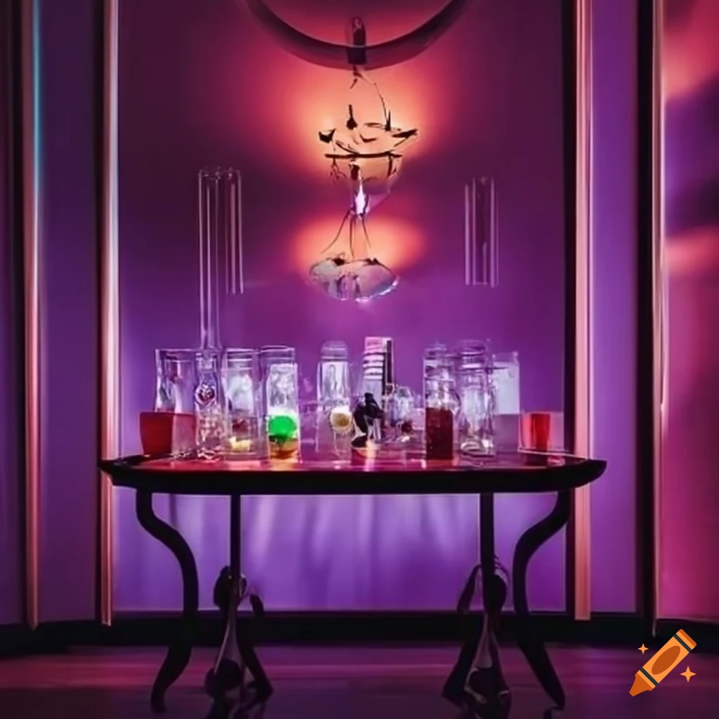 Stylish bar setup with vibrant drinks on a big table on Craiyon