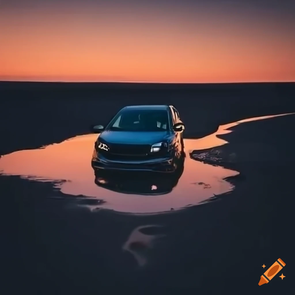 Car reflecting in a desert puddle