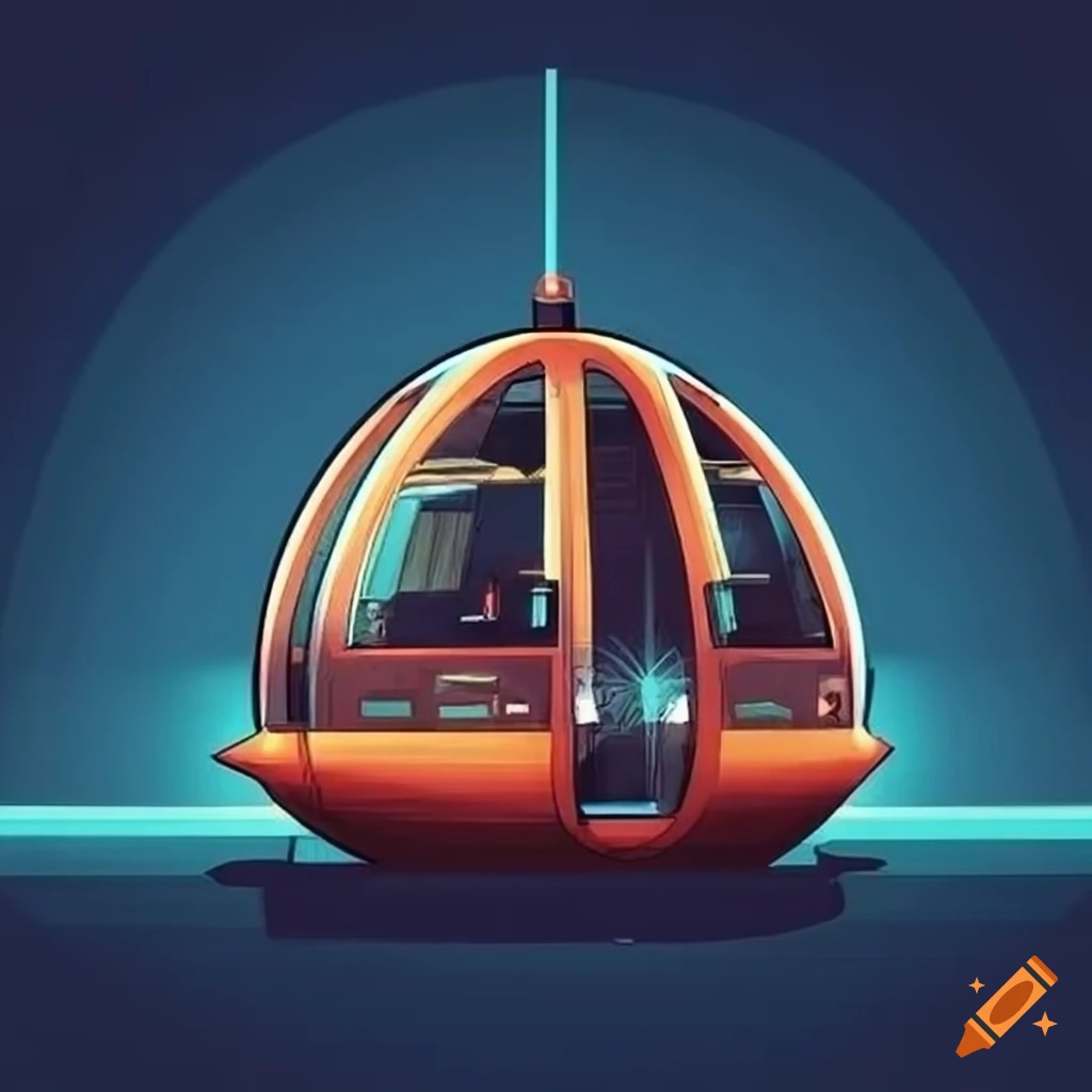 Retro-futuristic technical drawing of a living pod with unique landing ...