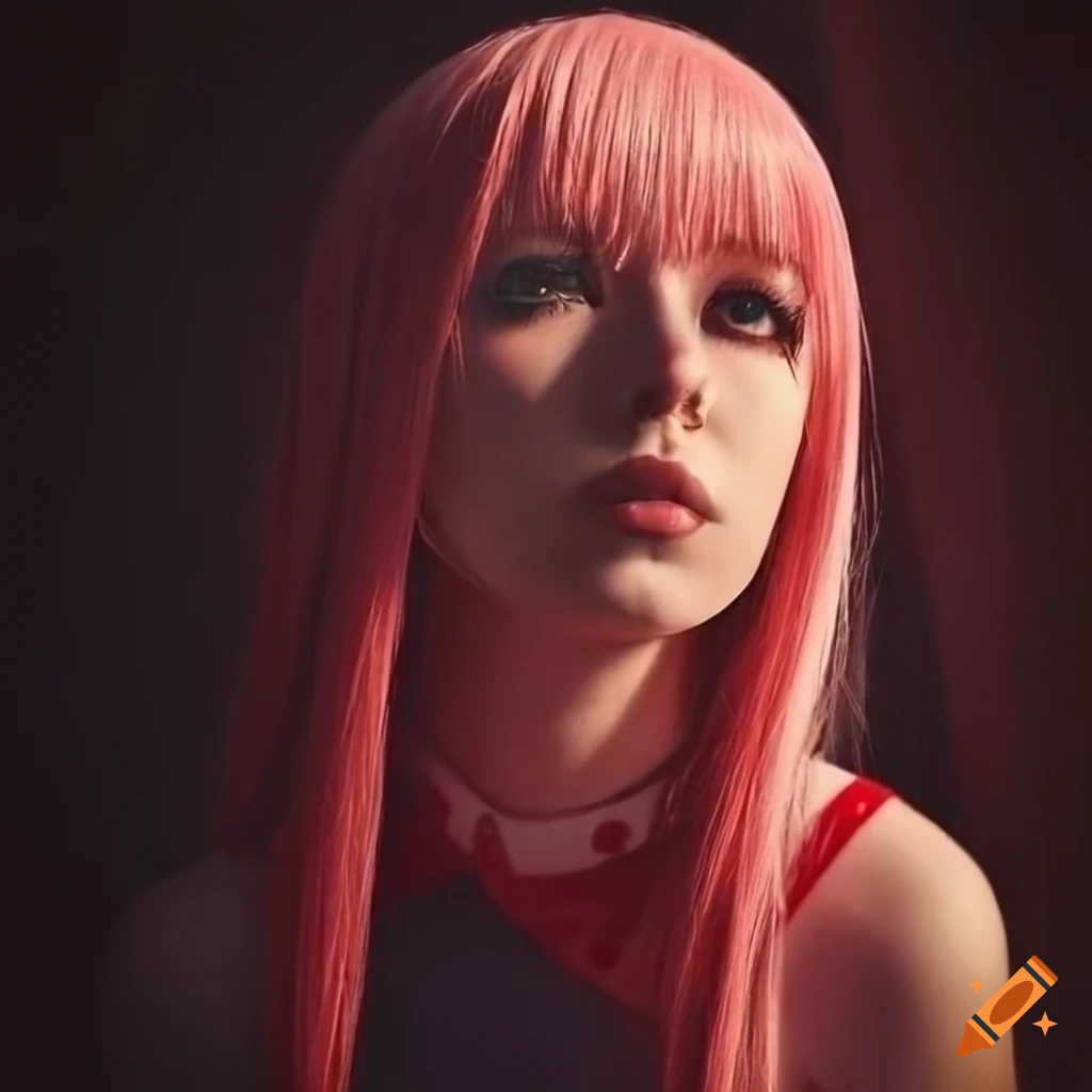 Close-up portrait of zero two cosplay on Craiyon