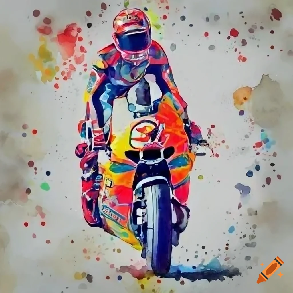 Watercolor illustration of motorcycles racing in motogp on Craiyon