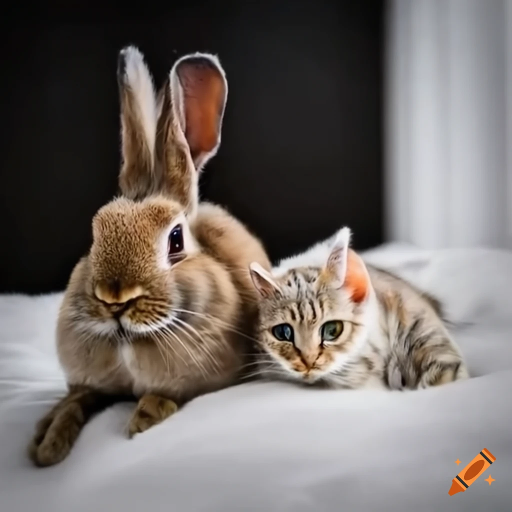 Adorable snuggle between a rabbit and a cat