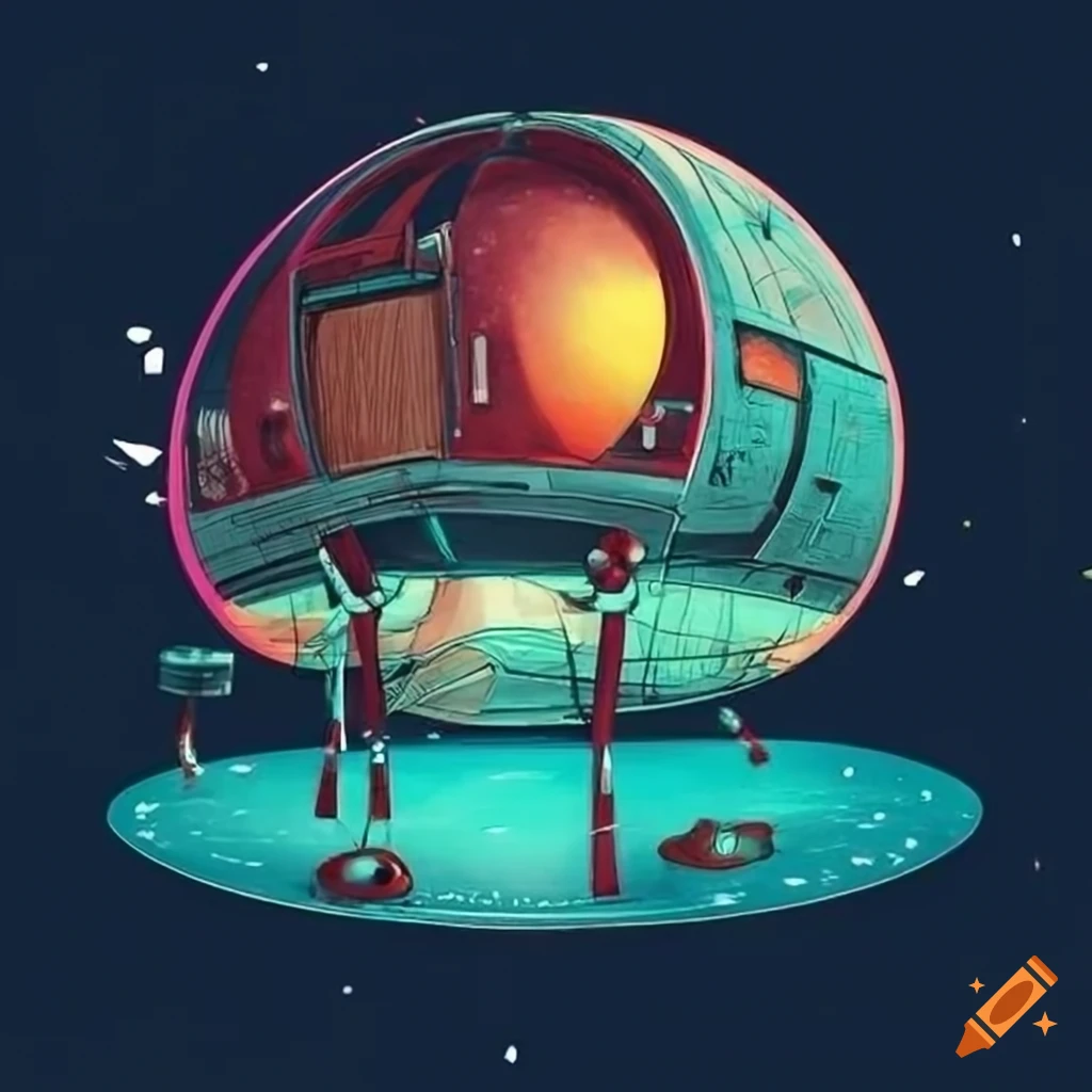 Detailed technical drawing of a retro-futuristic living pod on Craiyon