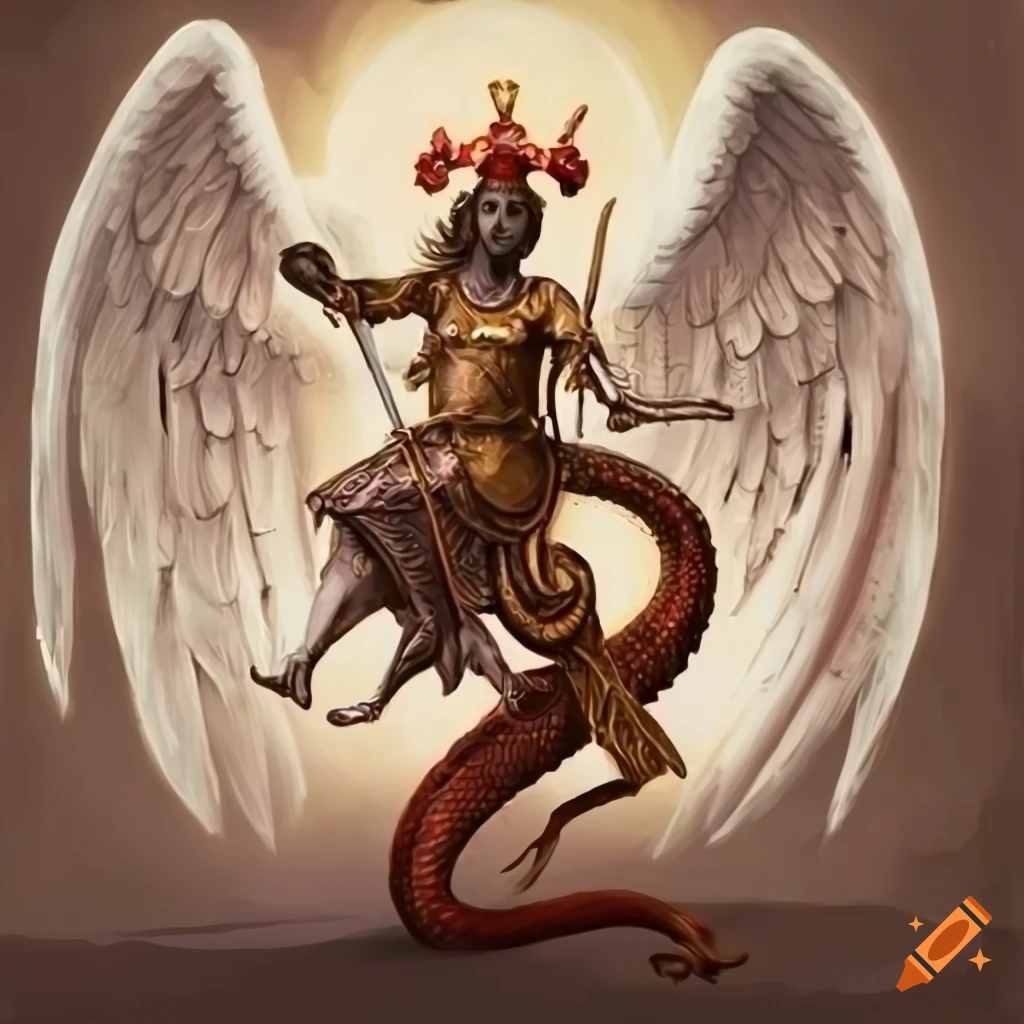 Artistic illustration of an angel riding a dragon