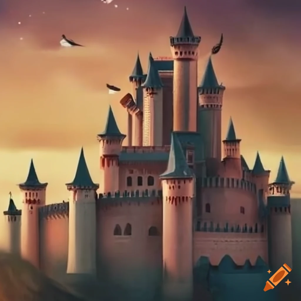 Grey castle in a field of purple grass under a yellow sky on Craiyon