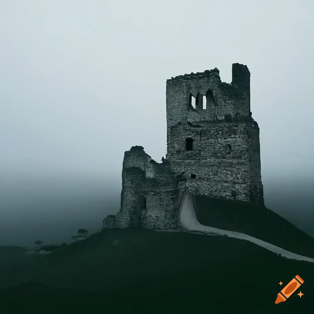 Spooky marsh scene with gothic church ruins in fog on Craiyon