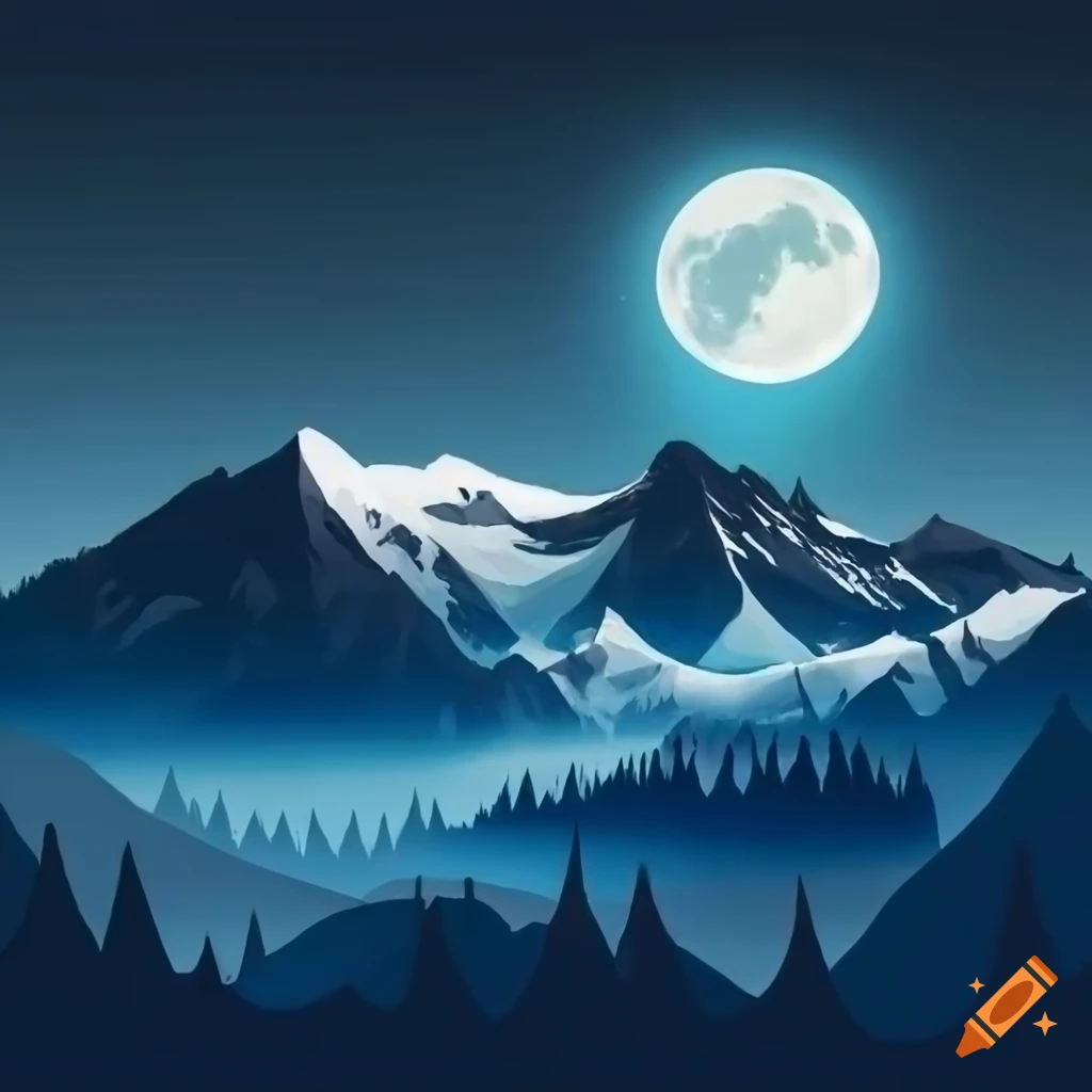 Moonlit mountain landscape with snowy peaks