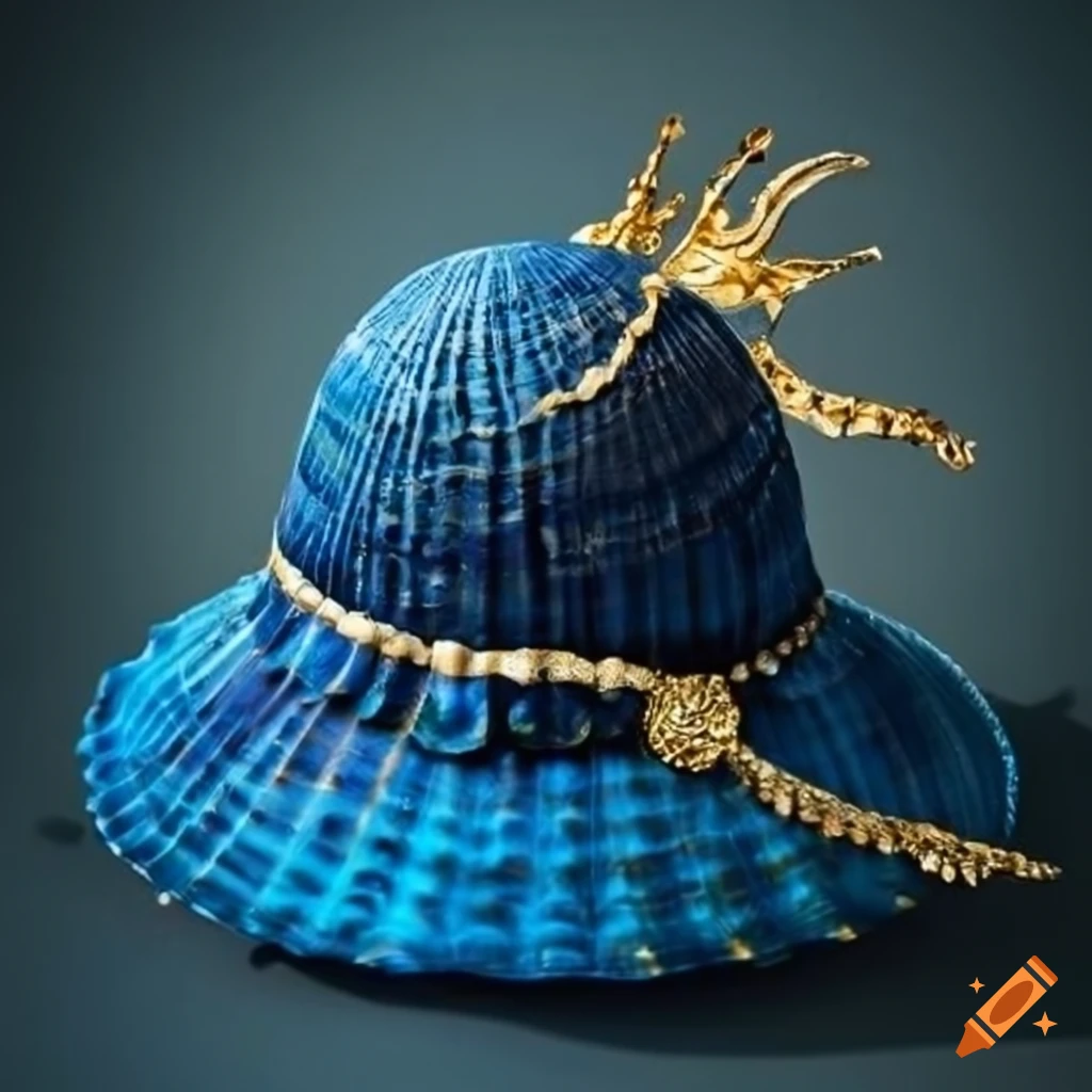 Detailed dark blue sea shell hat with gold trims on Craiyon