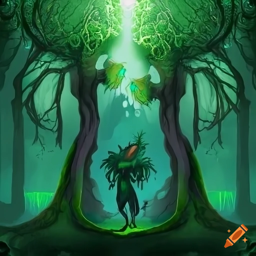 Fantasy art of an emerald green tree creature on Craiyon