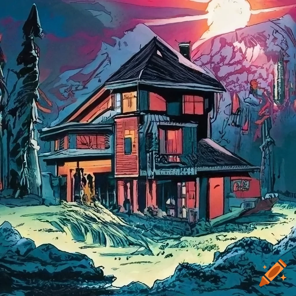 Comic art of a house on a lake on Craiyon