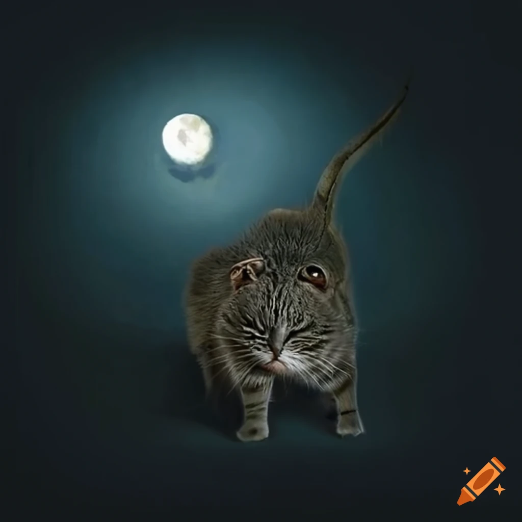Surreal image of a cat devouring a mouse under the moon on Craiyon