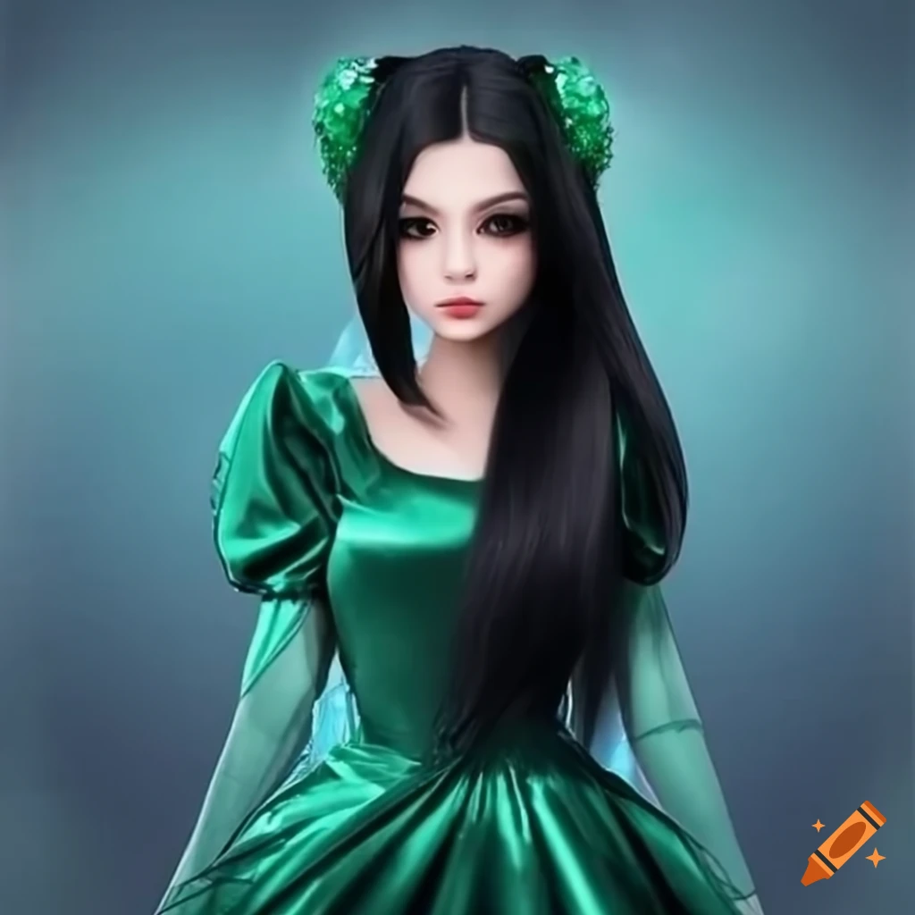 Portrait of a black-haired princess in a green sequin dress on Craiyon