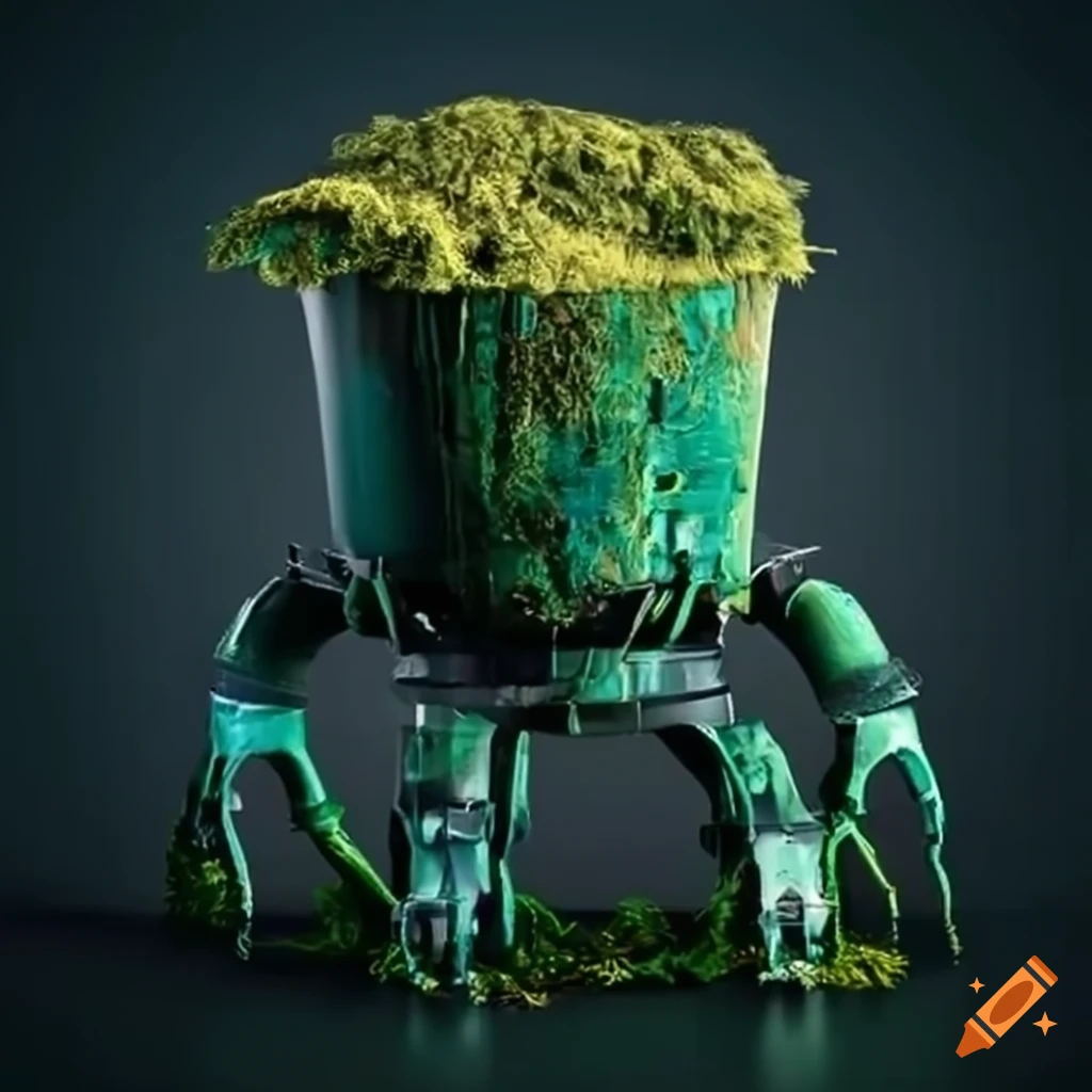 Concept art of a robotic bucket with arms covered in moss on Craiyon