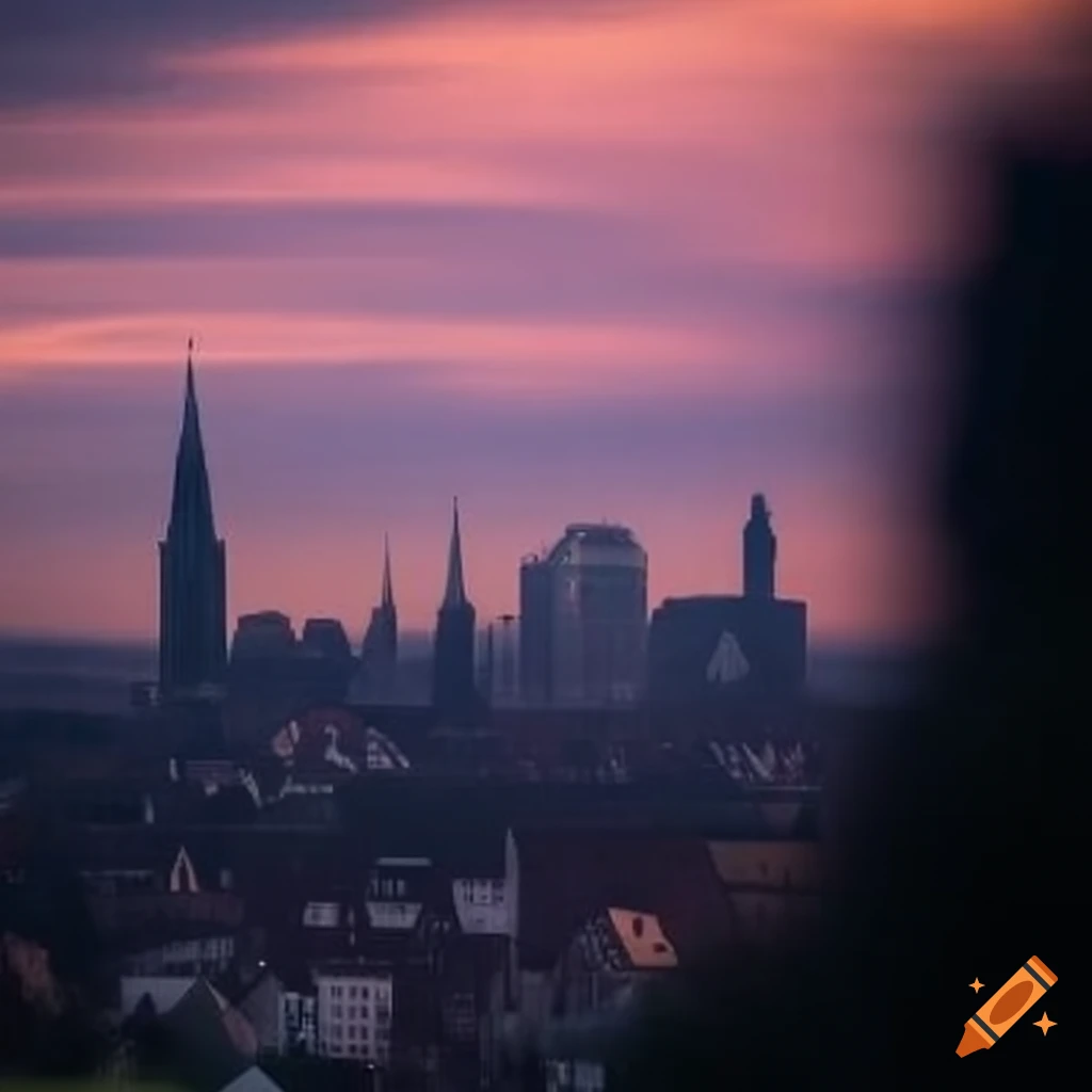 Dystopian small town with volumetric lighting and fog at sunset on Craiyon
