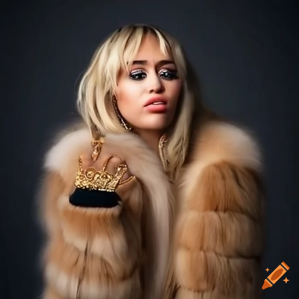 Miley Cyrus in fashionable fur coat and gloves on Craiyon
